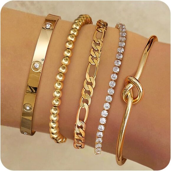 Jewelry | 14k Real Gold Bangle Cuff Set Gold Plated Beaded Paperclip ...